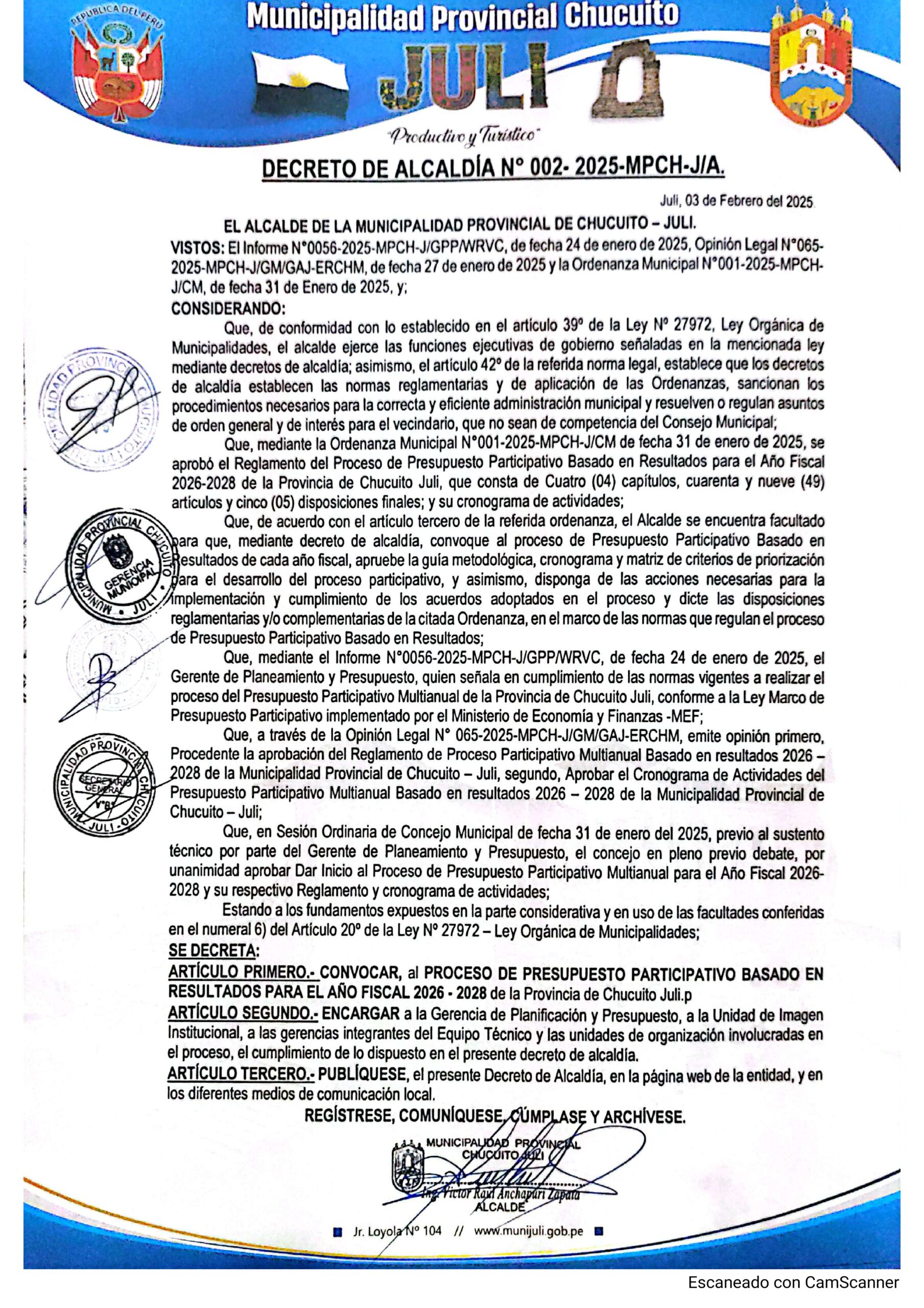 DECRETO DE ALCALDÍA N° 002-2025-MPCH-J/A | Municipalidad Provincial de ...